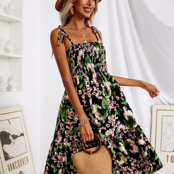 SHEIN | Dresses | Shein Floral Black And Green Summer Dress | Poshmark